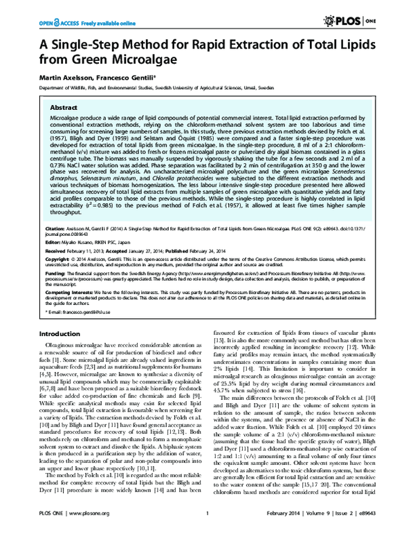 (PDF) A Single-Step Method for Rapid Extraction of Total Lipids from Green Microalgae