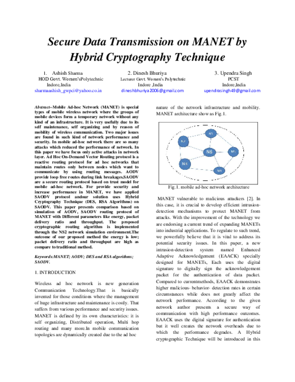 Pdf Secure Data Transmission On Manet By Hybrid Cryptography Technique Upendra Singh 