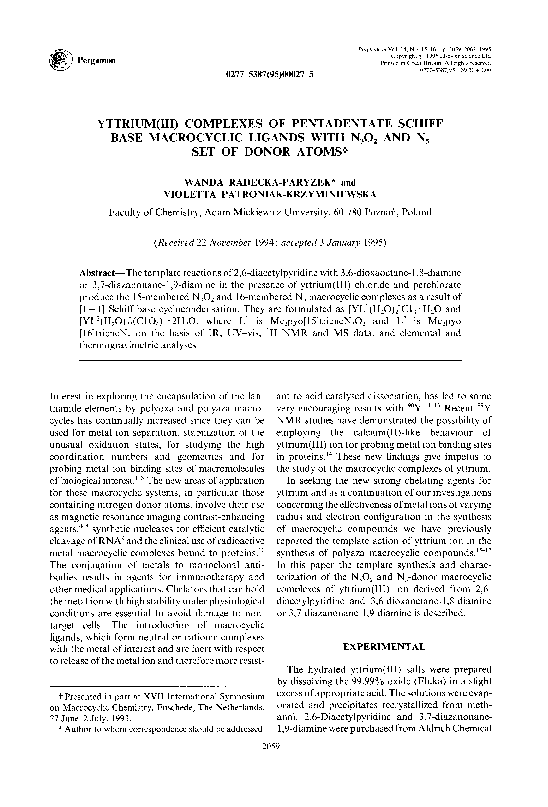 (PDF) Yttrium(III) complexes of pentadentate Schiff base macrocyclic ligands with N3O2 and N5 ...