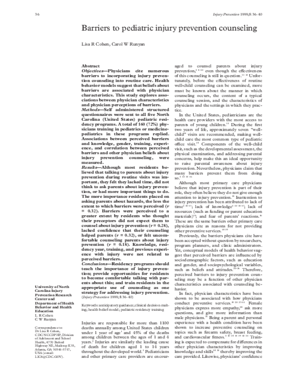(PDF) Barriers to pediatric injury prevention counseling