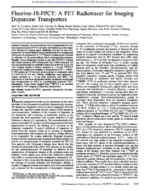 (PDF) Fluorine-18-FPCT: a PET radiotracer for imaging dopamine transporters