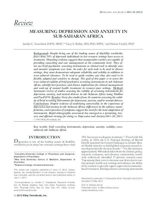 (PDF) Measuring Depression and Anxiety in Sub-Saharan Africa