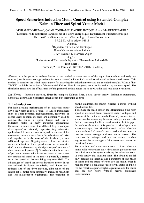 Pdf Speed Sensorless Induction Motor Control Using Extended Complex Kalman Filter And Spiral