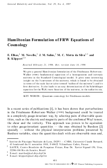 (PDF) Hamiltonian formulation of FRW equations of cosmology