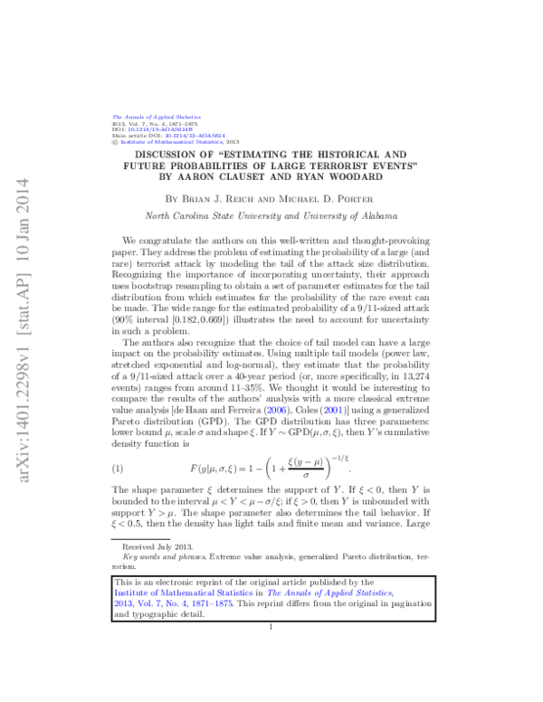 (PDF) Discussion of “Estimating the historical and future probabilities of large terrorist ...