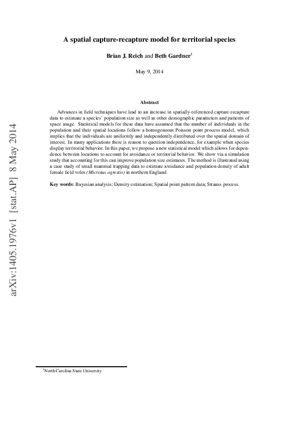 (PDF) A spatial capture‐recapture model for territorial species | Brian Reich - Academia.edu