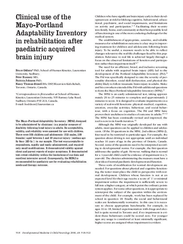(PDF) Clinical use of the Mayo-Portland Adaptability Inventory in ...