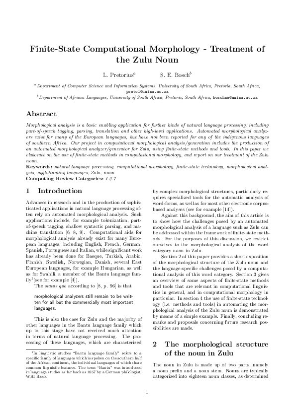 (PDF) Finite-state computational morphology - treatment of the Zulu noun