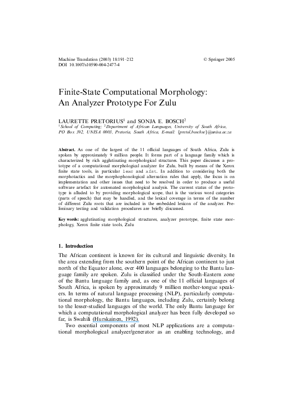 (PDF) Finite-State Computational Morphology: An Analyzer Prototype For Zulu