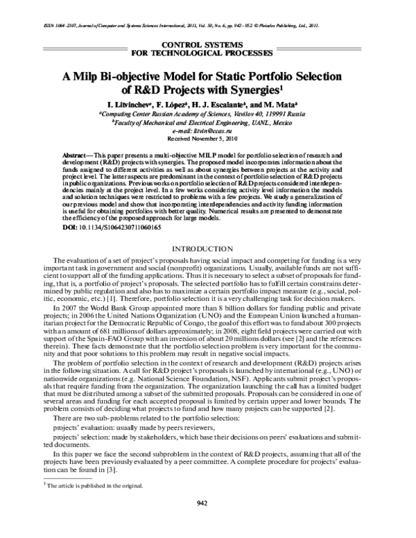 Pdf A Milp Bi Objective Model For Static Portfolio Selection Of Randd Projects With Synergies