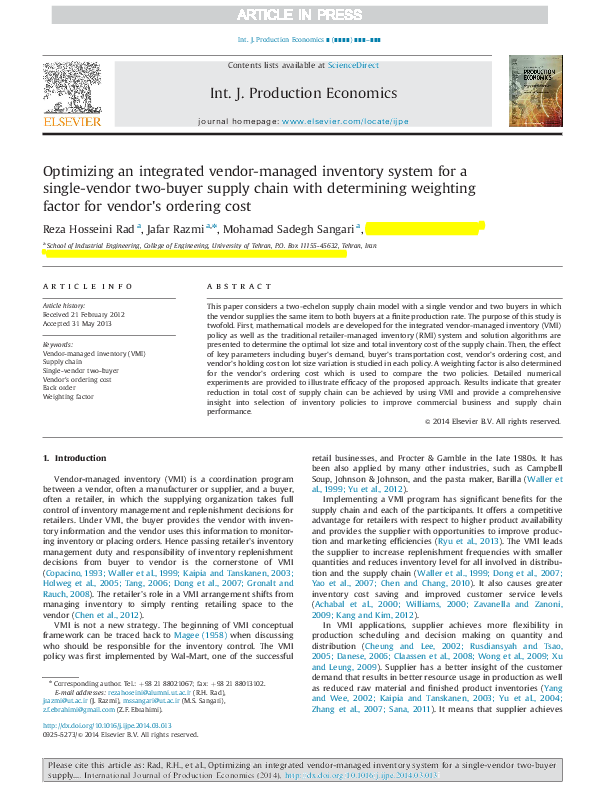Pdf Optimizing An Integrated Vendor Managed Inventory System For A Single Vendor Two Buyer