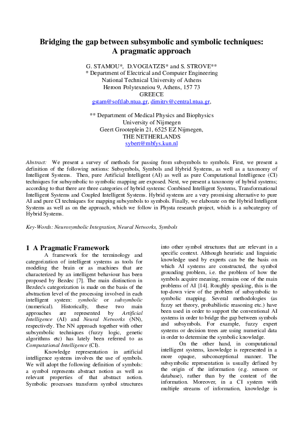 (PDF) Bridging the gap between subsymbolic and symbolic techniques: A pragmatic approach