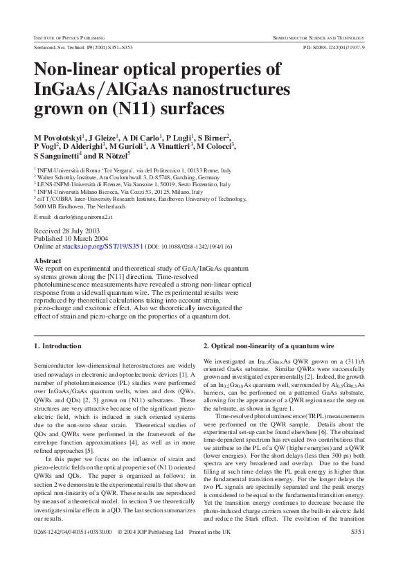(PDF) Non-linear optical properties of InGaAs/AlGaAs nanostructures grown on (N11) surfaces