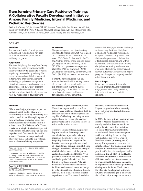 (PDF) Transforming Primary Care Residency Training: A Collaborative ...