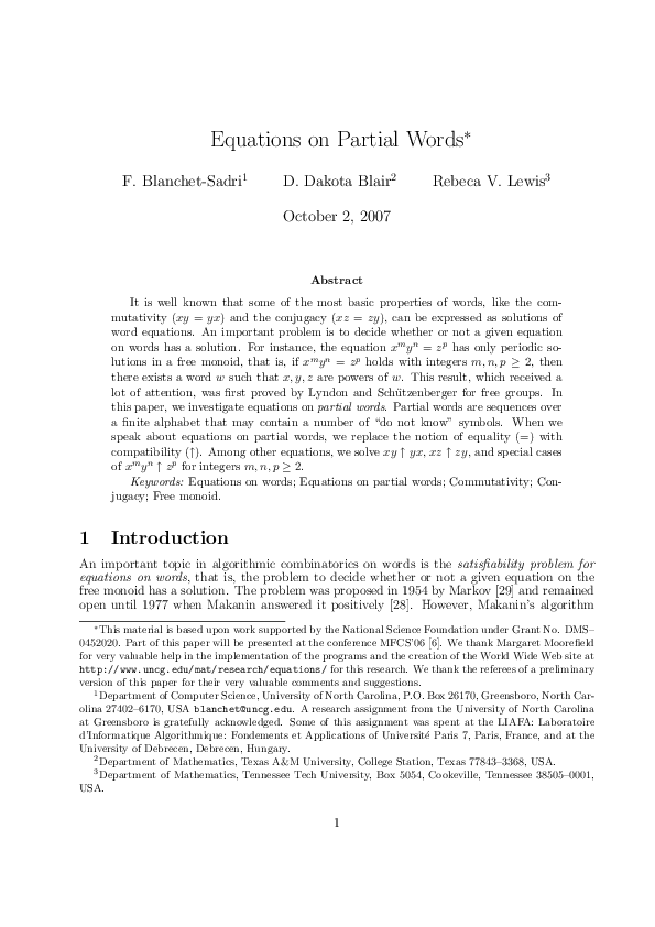 (PDF) Equations on partial words