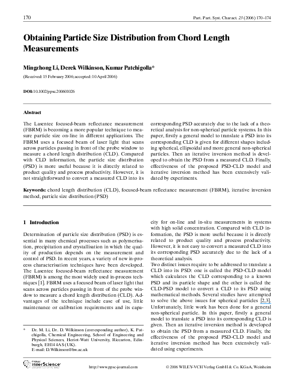 (PDF) Obtaining Particle Size Distribution from Chord Length Measurements