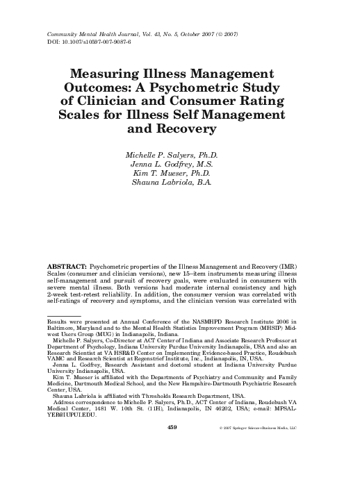 (PDF) Measuring Illness Management Outcomes: A Psychometric Study of ...