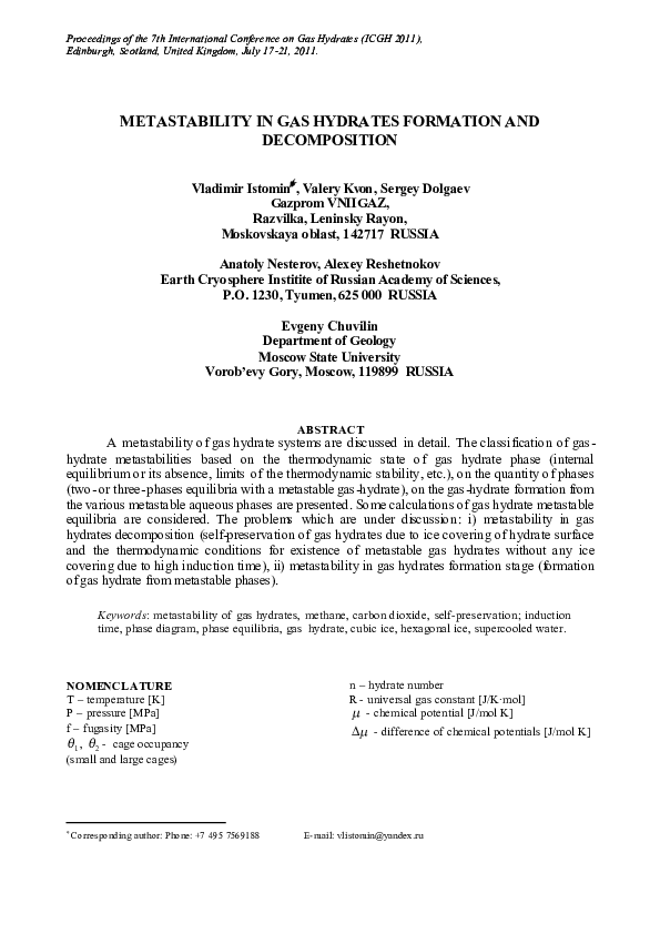 (PDF) Metastability in Gas Hydrates Formation and Decomposition
