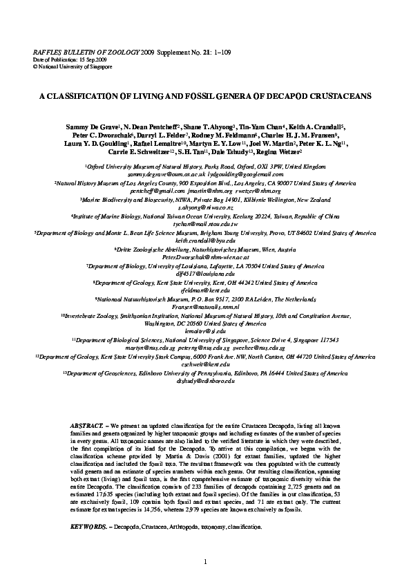 (PDF) A classification of living and fossil genera of decapod ...