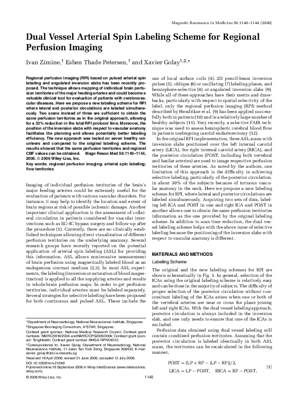 (PDF) Dual vessel arterial spin labeling scheme for regional perfusion ...