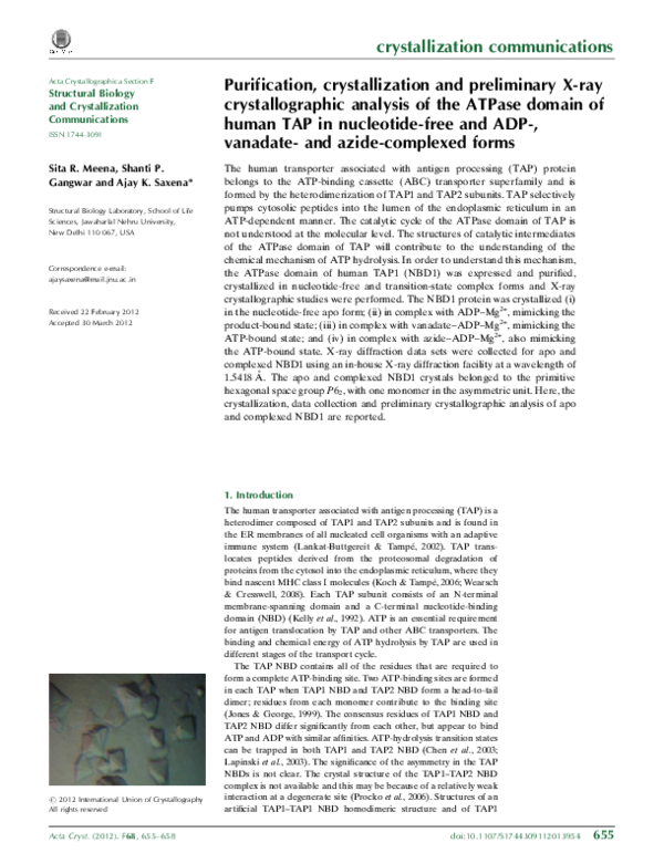 (PDF) Purification, crystallization and preliminary X-ray crystallographic analysis of the ...