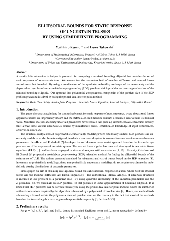 Pdf Ellipsoidal Bounds For Static Response Of Uncertain Trusses By Using Semidefinite