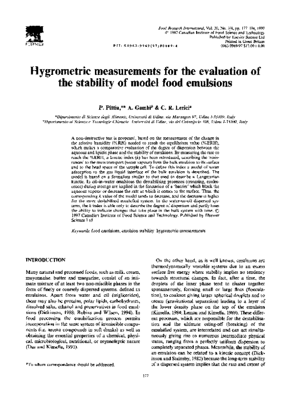 (PDF) Hygrometric measurements for the evaluation of the stability of model food emulsions