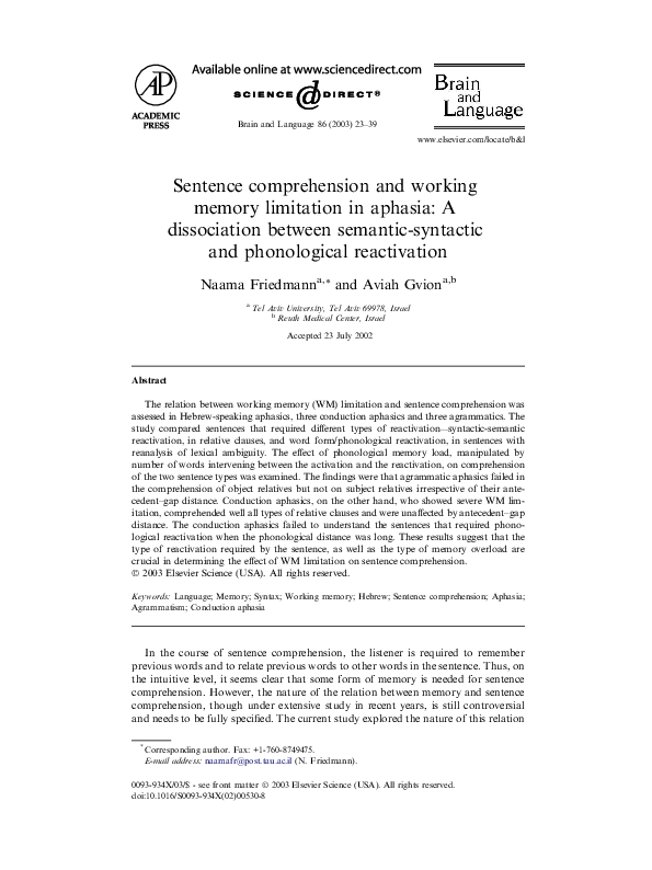 (PDF) Sentence comprehension and working memory limitation in aphasia: A dissociation between ...