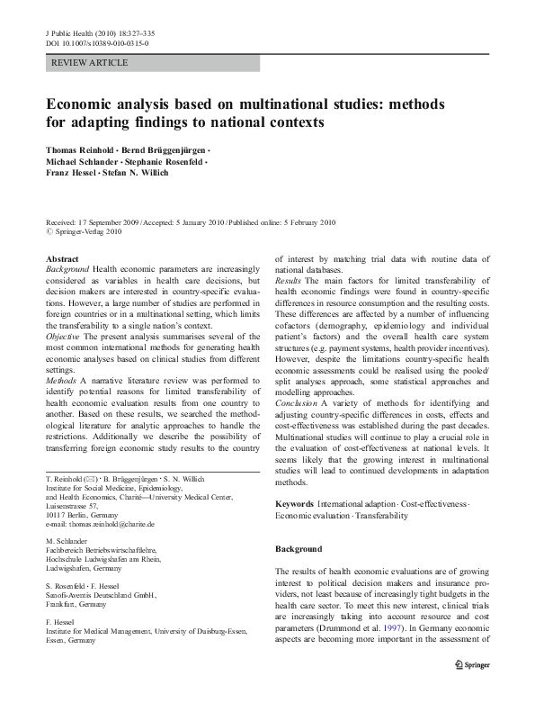 (PDF) Economic analysis based on multinational studies: methods for ...