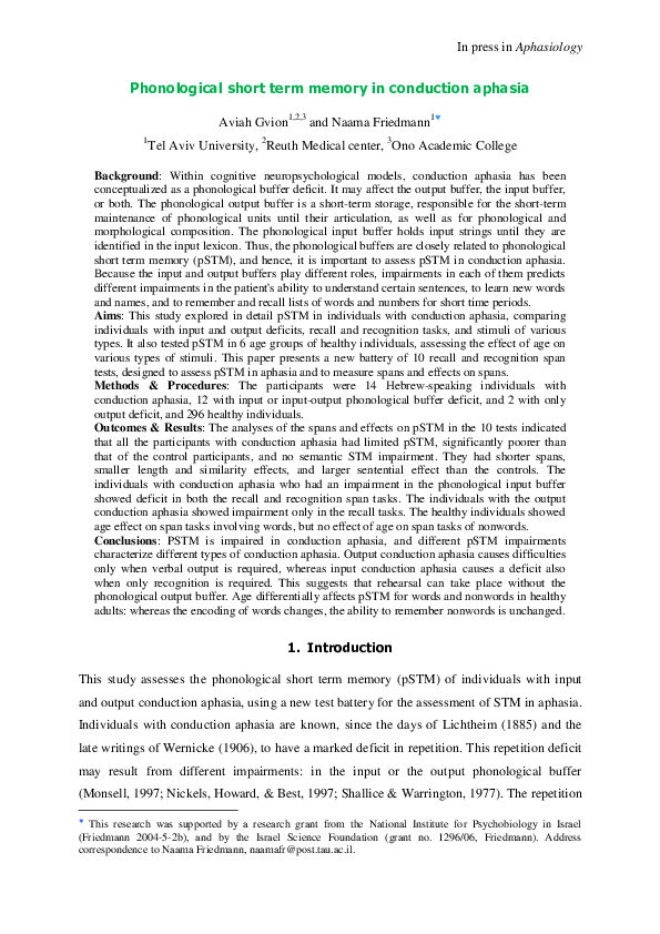 (PDF) Phonological short-term memory in conduction aphasia