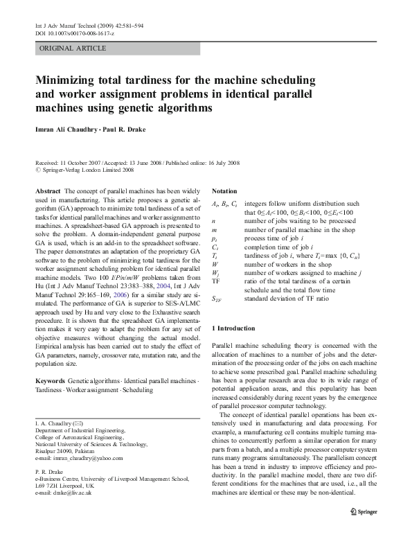 Pdf Minimizing Total Tardiness For The Machine Scheduling And Worker Assignment Problems In