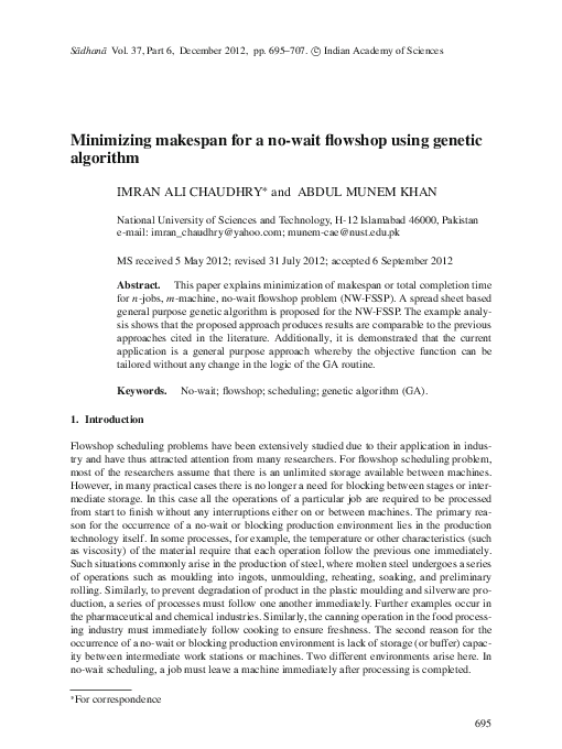 Pdf Minimizing Makespan For A No Wait Flowshop Using Genetic Algorithm Imran Ali Chaudhry