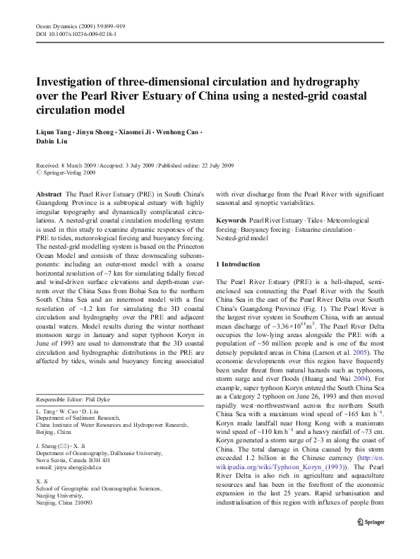Pdf Investigation Of Three Dimensional Circulation And Hydrography Over The Pearl River