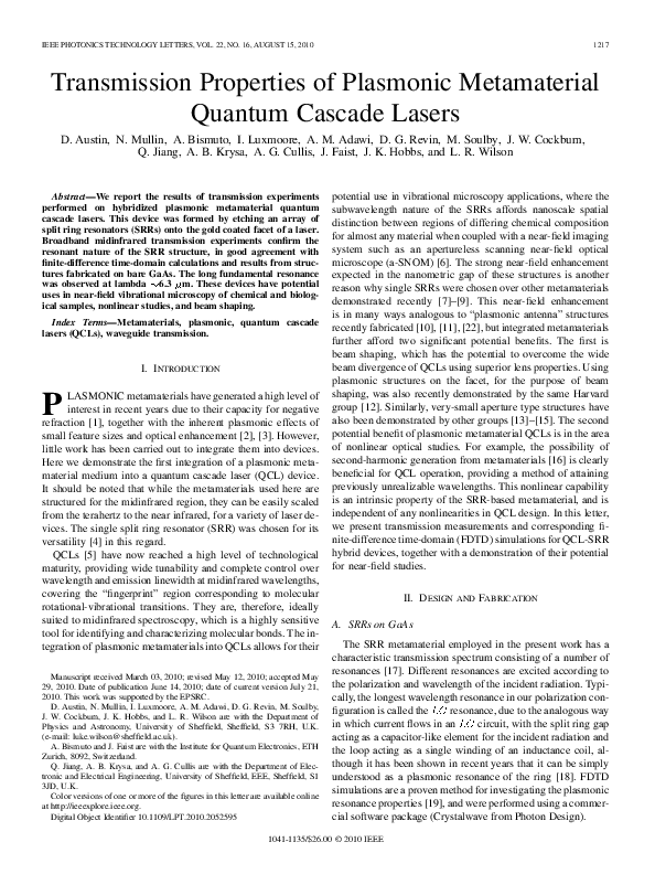 (PDF) Transmission Properties of Plasmonic Metamaterial Quantum Cascade Lasers