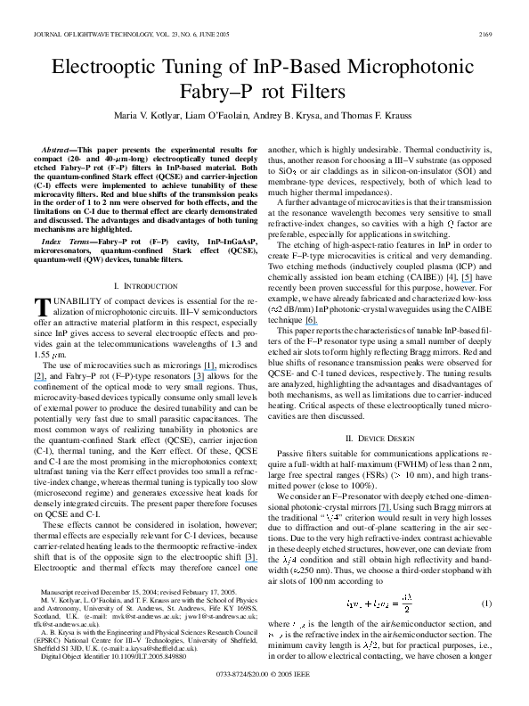(PDF) Electrooptic Tuning of InP Microphotonic Fabry-Perot Filters
