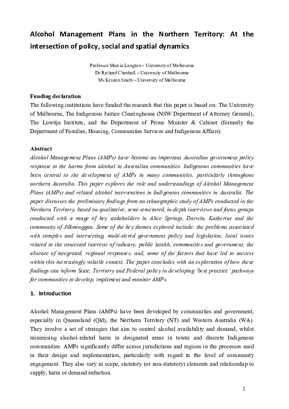 (PDF) Alcohol Management Plans in the Northern Territory: At the ...
