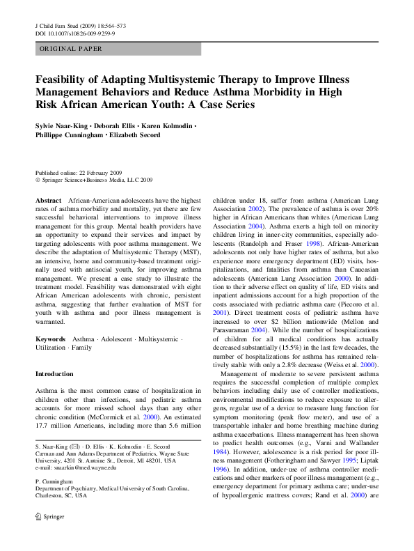 (PDF) Feasibility of Adapting Multisystemic Therapy to Improve Illness ...
