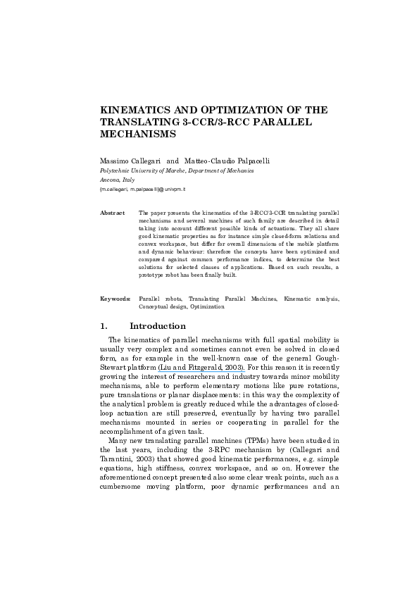 (PDF) Kinematics and optimization of the translating 3-CCR/3-RCC ...