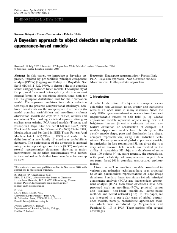 (PDF) A Bayesian approach to object detection using probabilistic appearance-based models