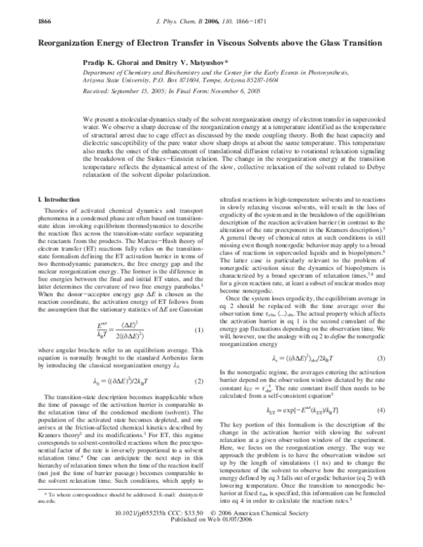 (PDF) Reorganization Energy of Electron Transfer in Viscous Solvents ...