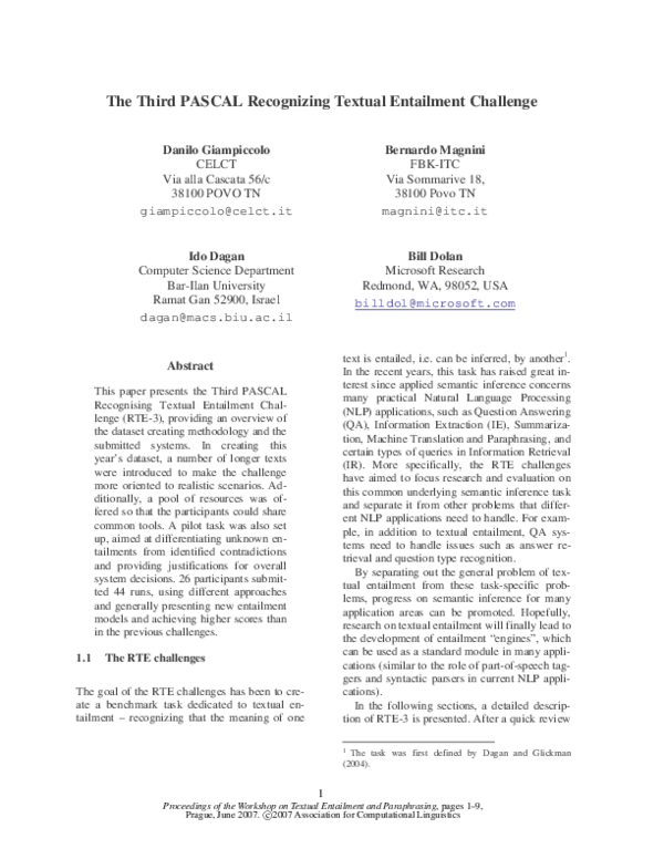 (PDF) The third PASCAL recognizing textual entailment challenge