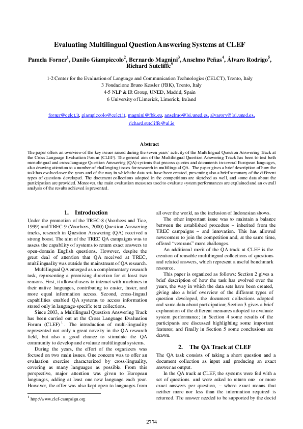 (PDF) Evaluating multilingual question answering systems at CLEF