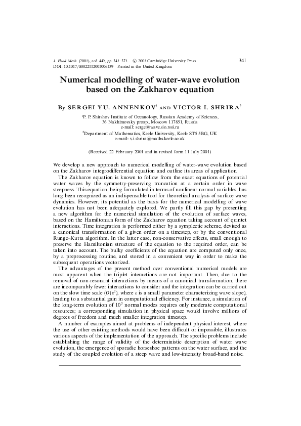 (PDF) Numerical modelling of water-wave evolution based on the Zakharov equation