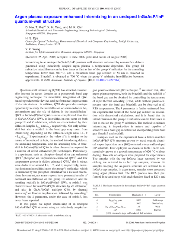(PDF) Argon plasma exposure enhanced intermixing in an undoped InGaAsP∕InP quantum-well ...