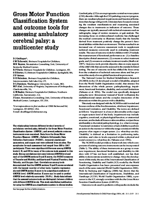 (PDF) Gross Motor Function Classification System and outcome tools for ...