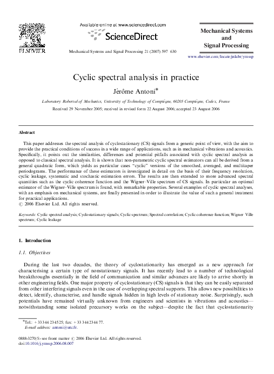 Pdf Cyclic Spectral Analysis In Practice Jerome Antoni