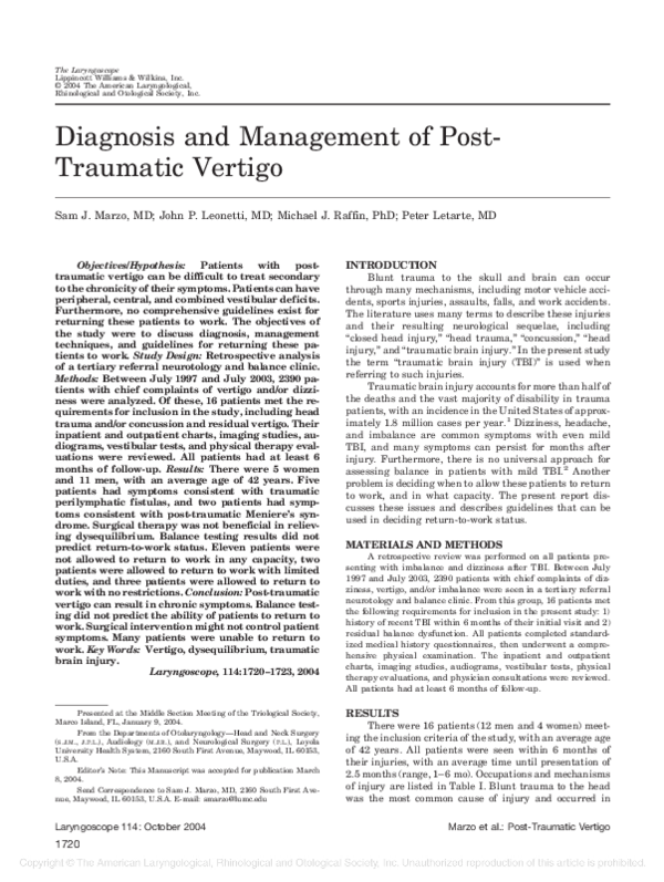 (PDF) Diagnosis and Management of Post-Traumatic Vertigo