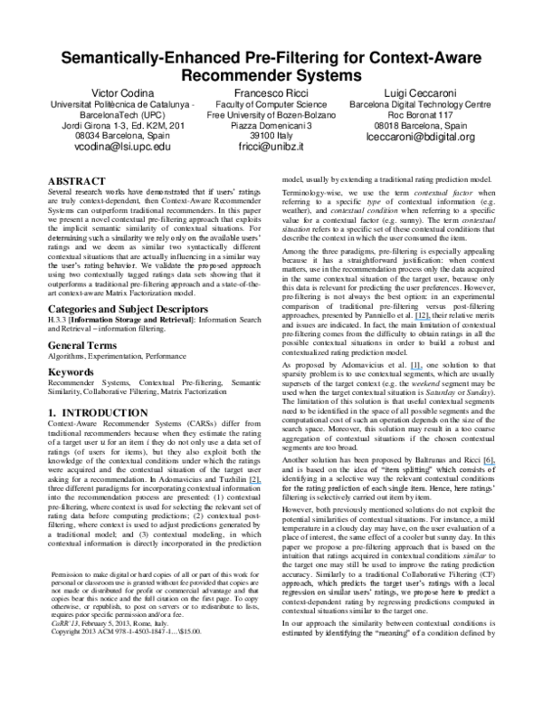 Pdf Semantically Enhanced Pre Filtering For Context Aware Recommender
