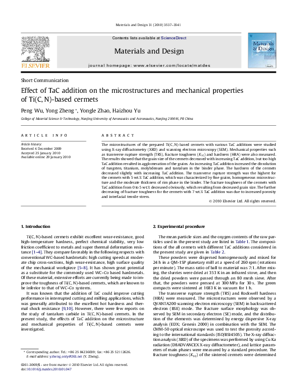 (PDF) Effect of TaC addition on the microstructures and mechanical properties of Ti(C,N)-based ...