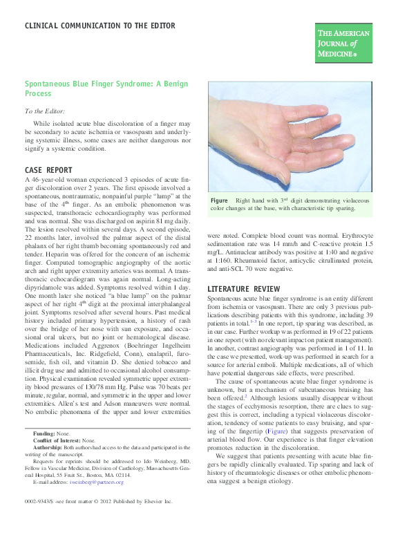 (PDF) Spontaneous Blue Finger Syndrome: A Benign Process | Ido Weinberg ...